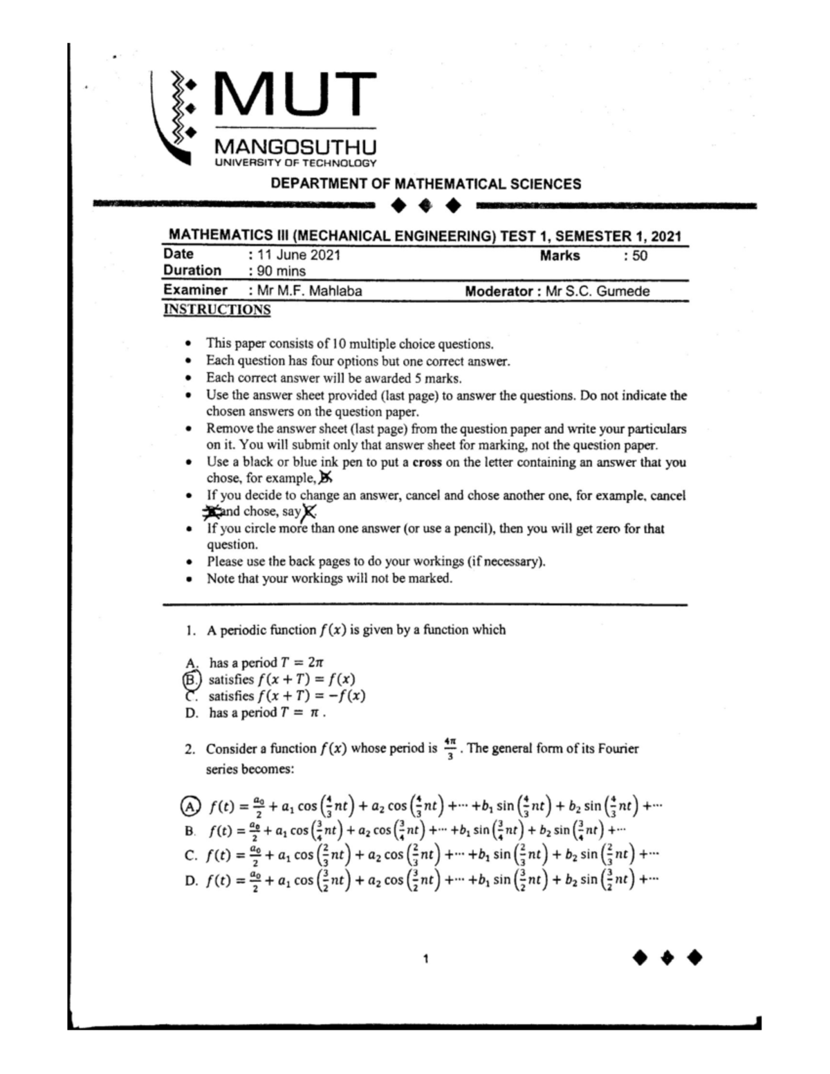 Mathematics III Test 2 2021 - MATEL03 - Studocu