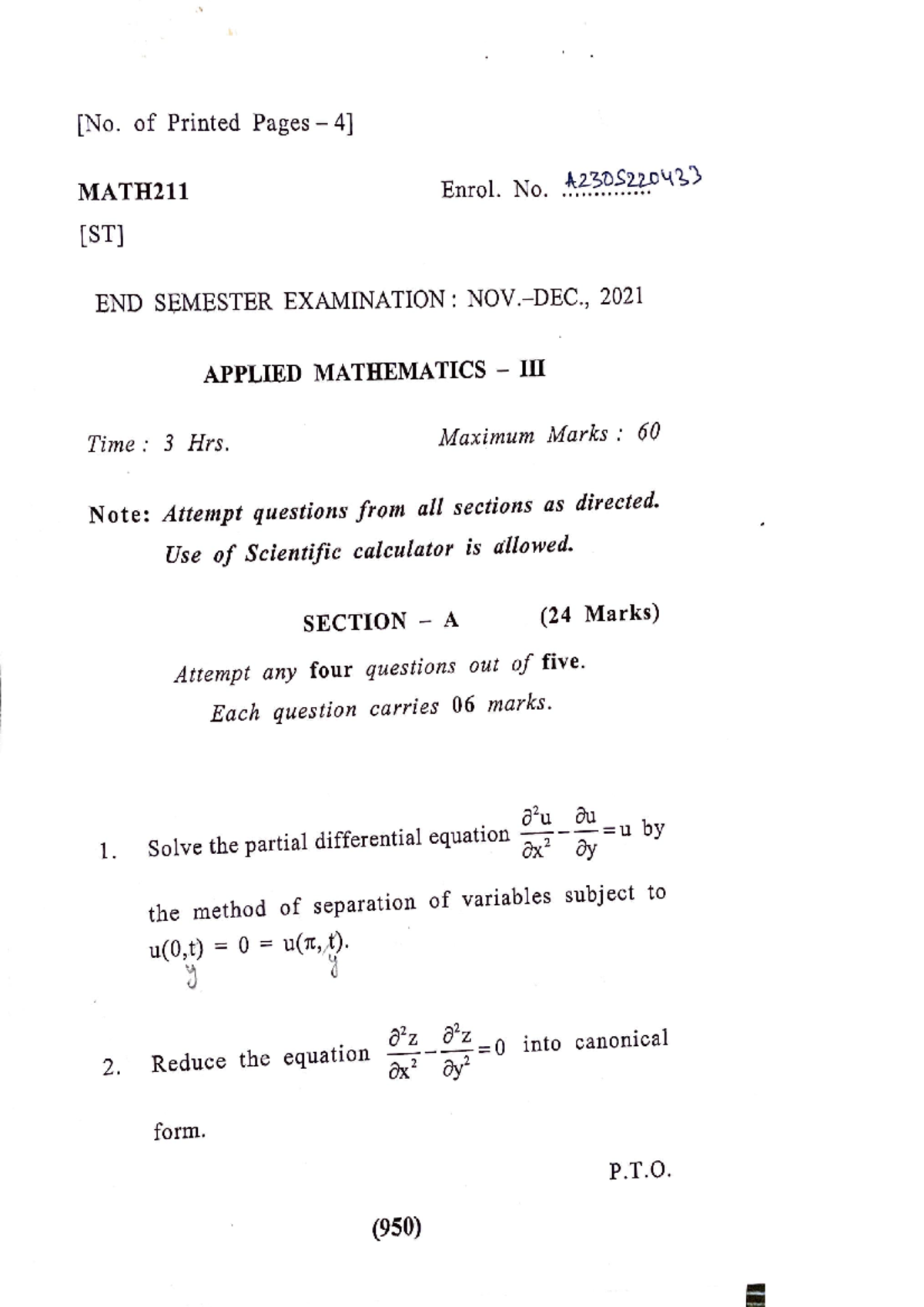 Majors 2021 - Previous year questions - of Printed Pages MATH211 Enrol ...