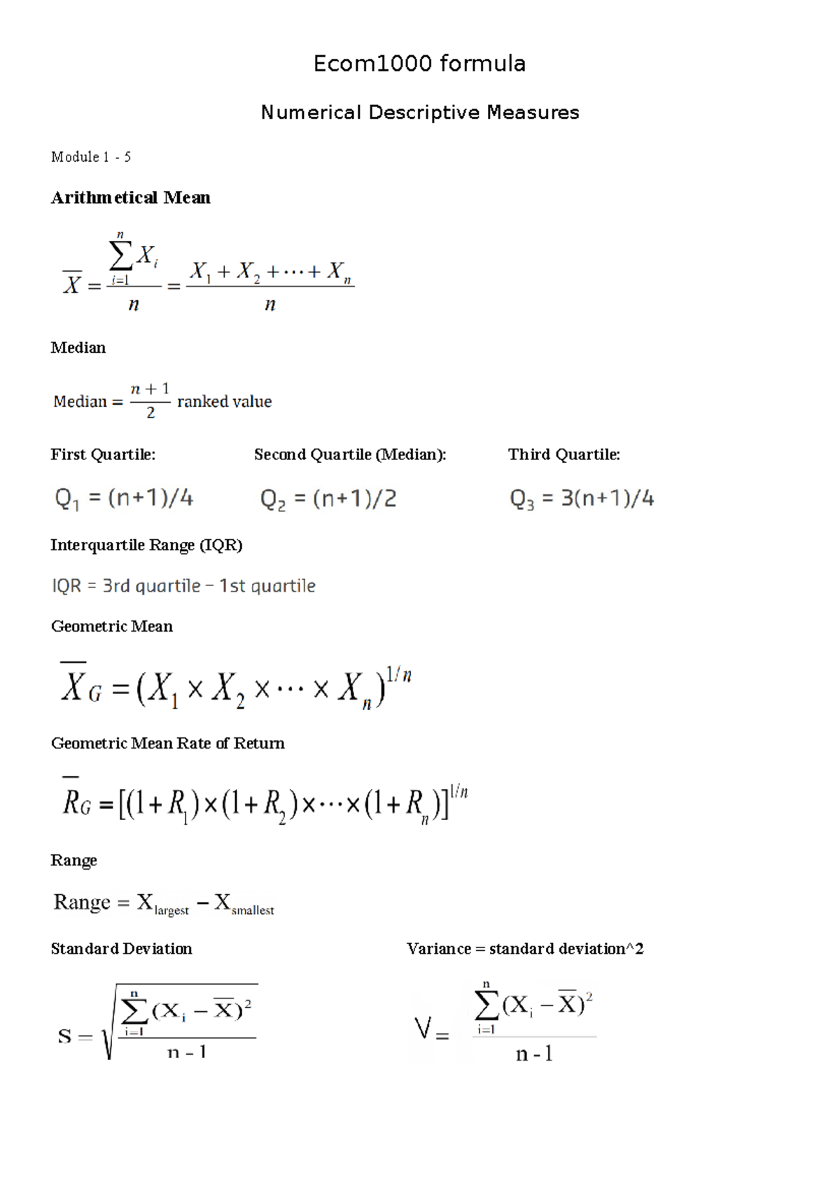 ECOM1000 Formula - Lecture notes 1-11 - ECOM2000 - Curtin - Studocu
