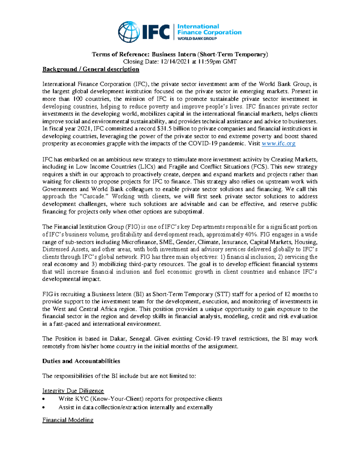 Business Intern FIG IFC - Terms of Reference: Business Intern ( Short-Term Temporary) Closing ...