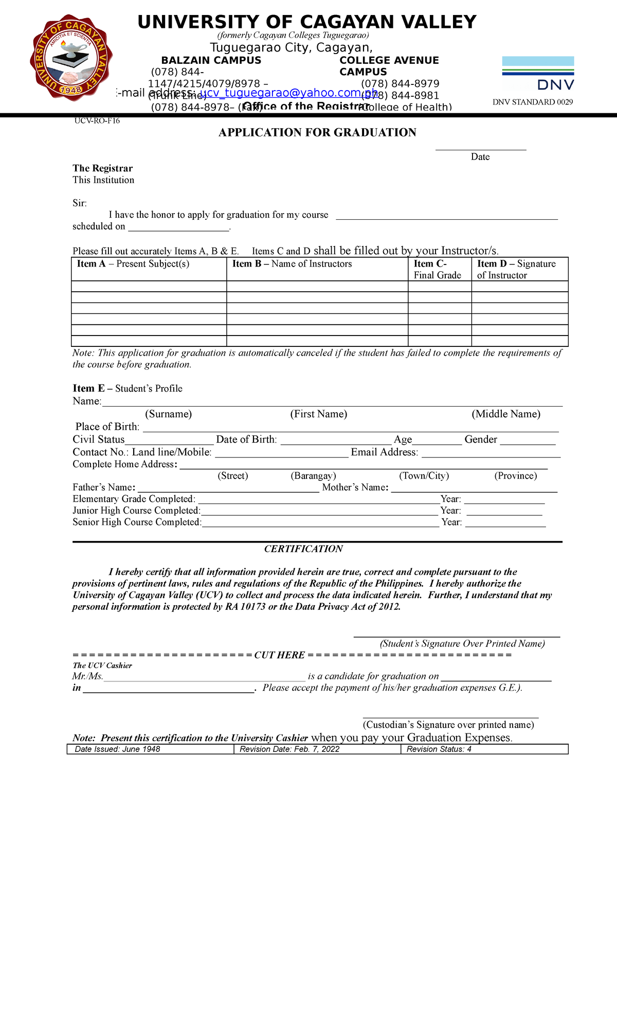 Application for Graduation revised 2022 - UNIVERSITY OF CAGAYAN VALLEY ...