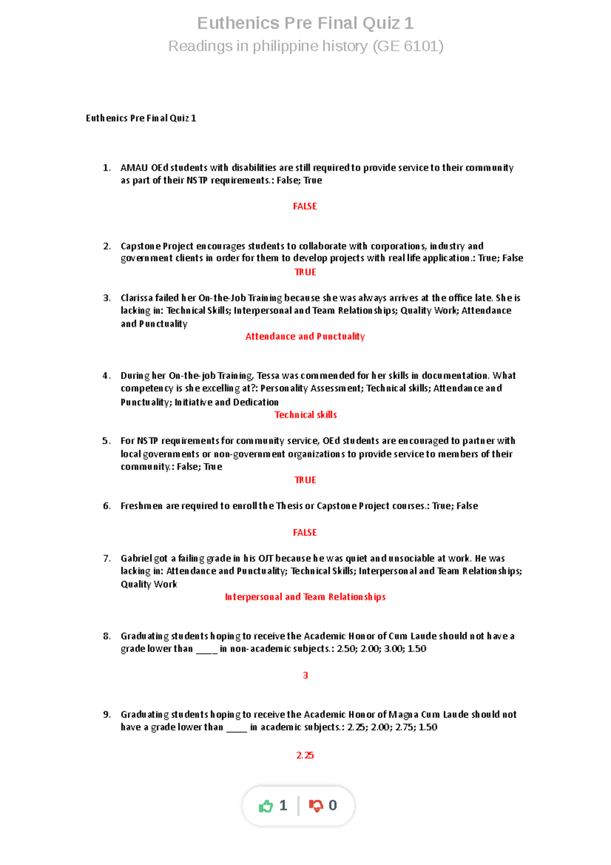 Euthenics-pre-final-quiz-1 compress - Euthenics Pre Final Quiz 1 Readings in philippine history ...