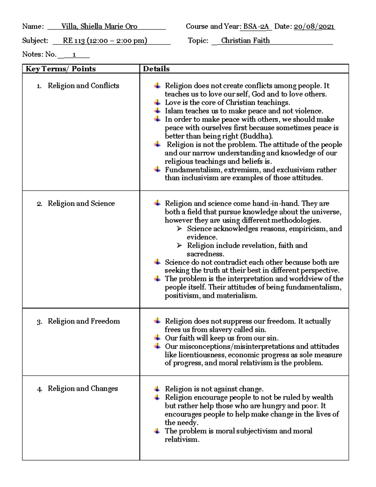 Cornell-Notes 1 Religious Education lecture notes - Name: Villa ...