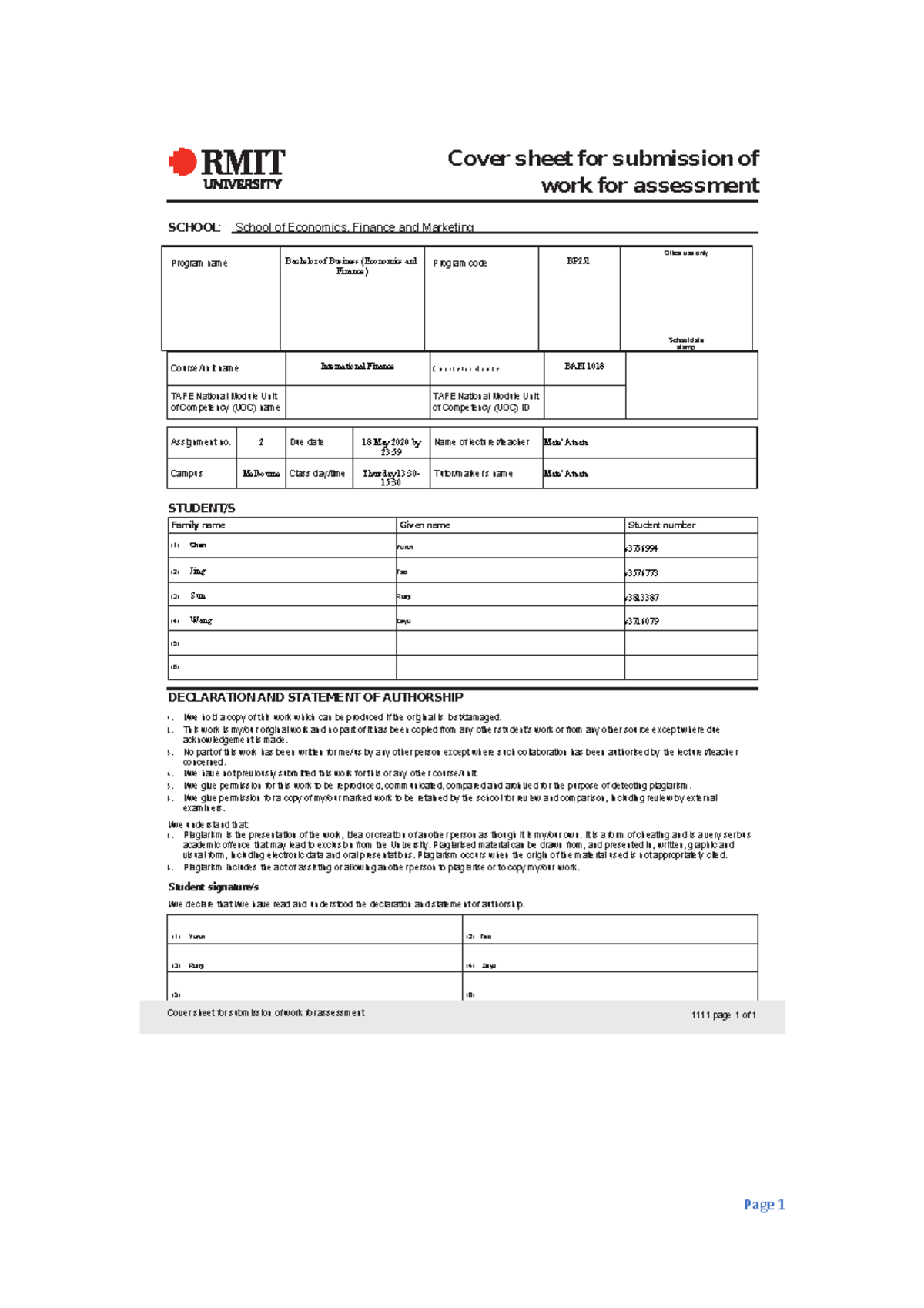 IF Assignment 2 - final semester paper - Cover sheet for submission of ...