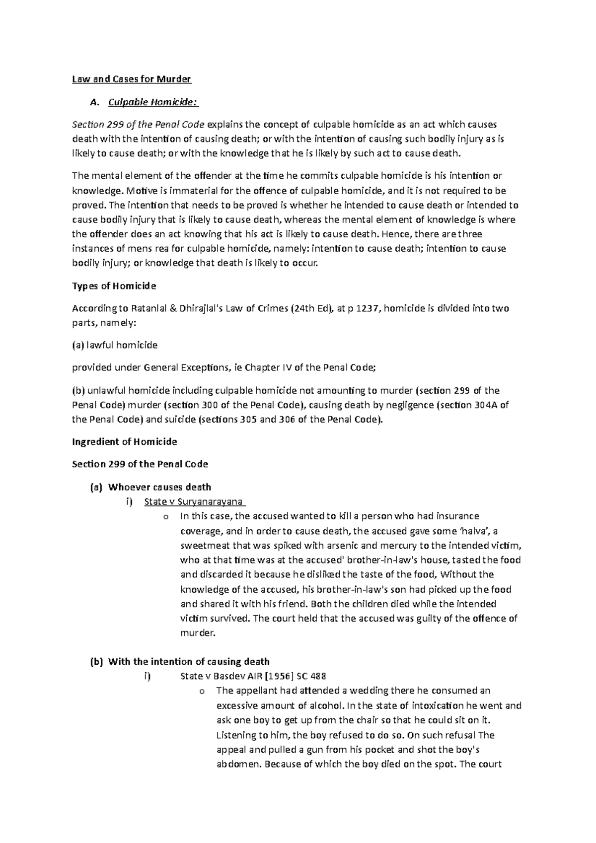 Law and Cases for Murder - Culpable Homicide: Section 299 of the Penal ...