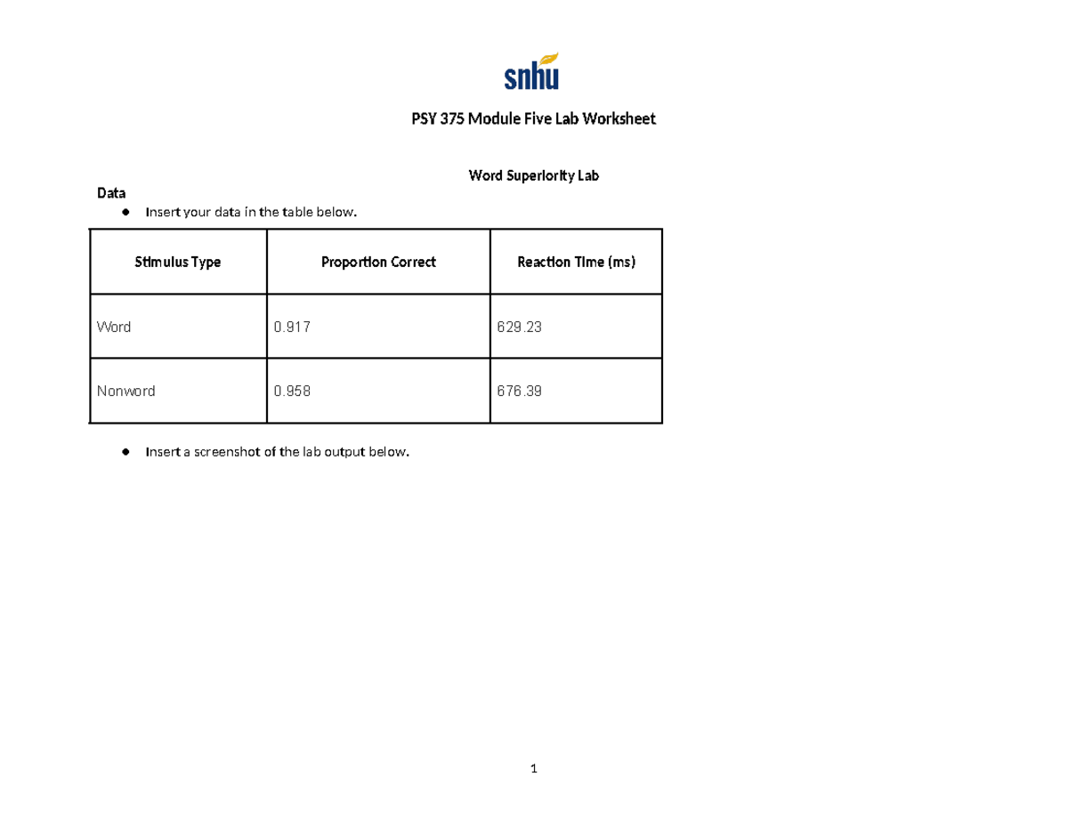 PSY 375 Module Five Lab Worksheet - PSY 375 Module Five Lab Worksheet ...