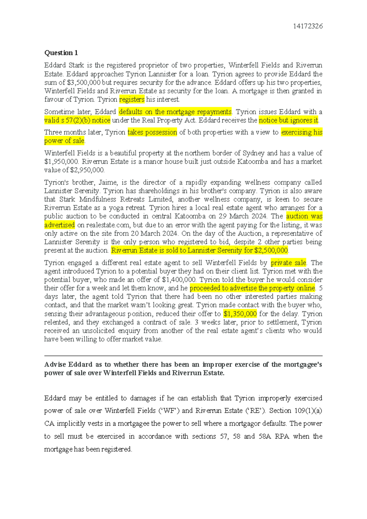 Week 9 - Tutorial Question Submission - 14172326 Question 1 Eddard ...