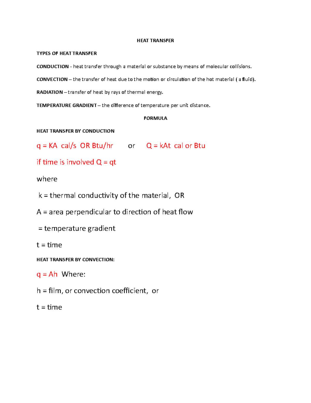 HEAT Transfer - Notes - HEAT TRANSFER TYPES OF HEAT TRANSFER CONDUCTION ...