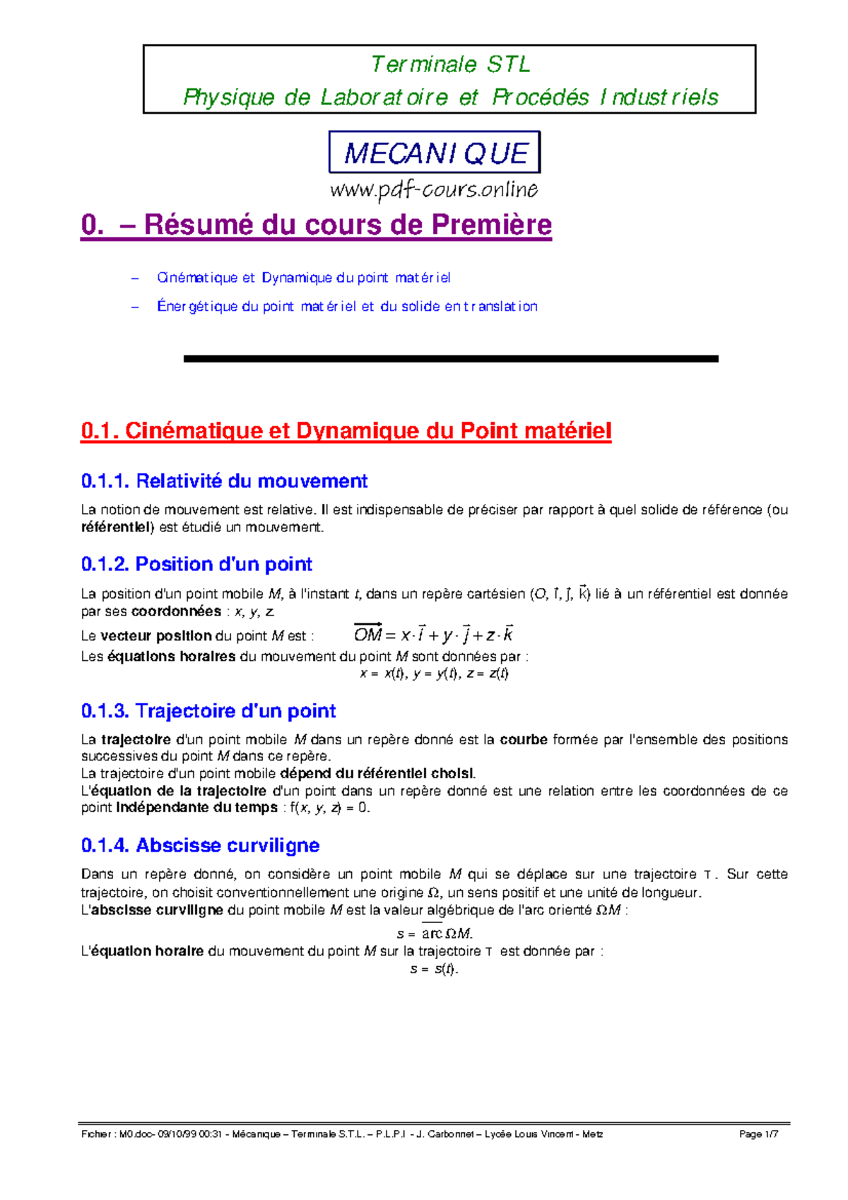 Resumé 1 de mécanique - Terminale STL Physique de Laborat oire et ...