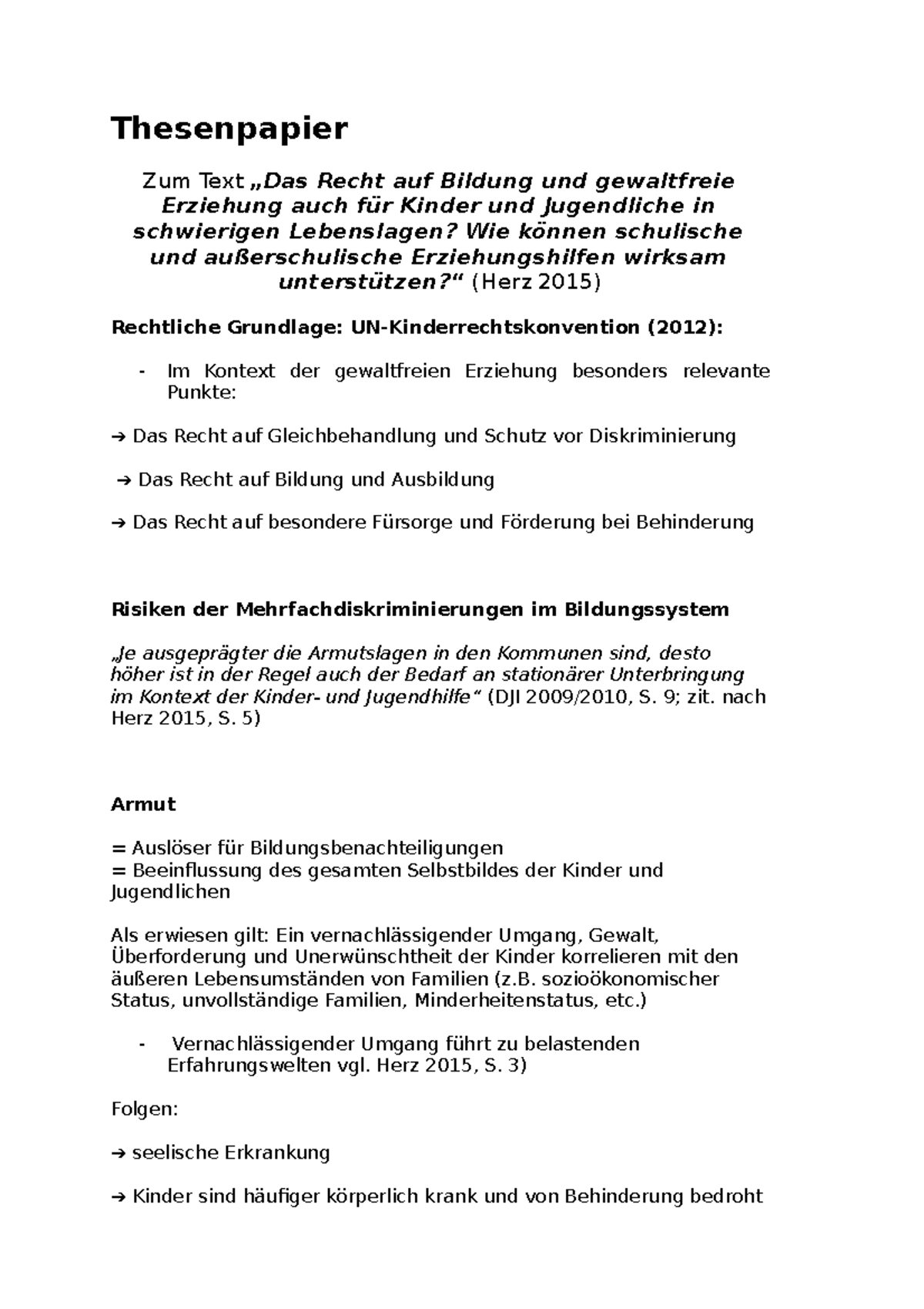 Soziale emotionale Entwicklung - Thesenpapier Zum Text „Das Recht auf ...