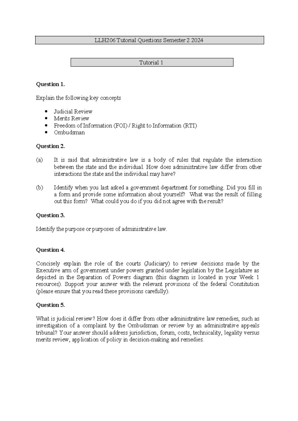 LLH206 Tutorial 1 0224 Student Questions - LLH206 Tutorial Questions Semester 2 2024 Tutorial 1 ...