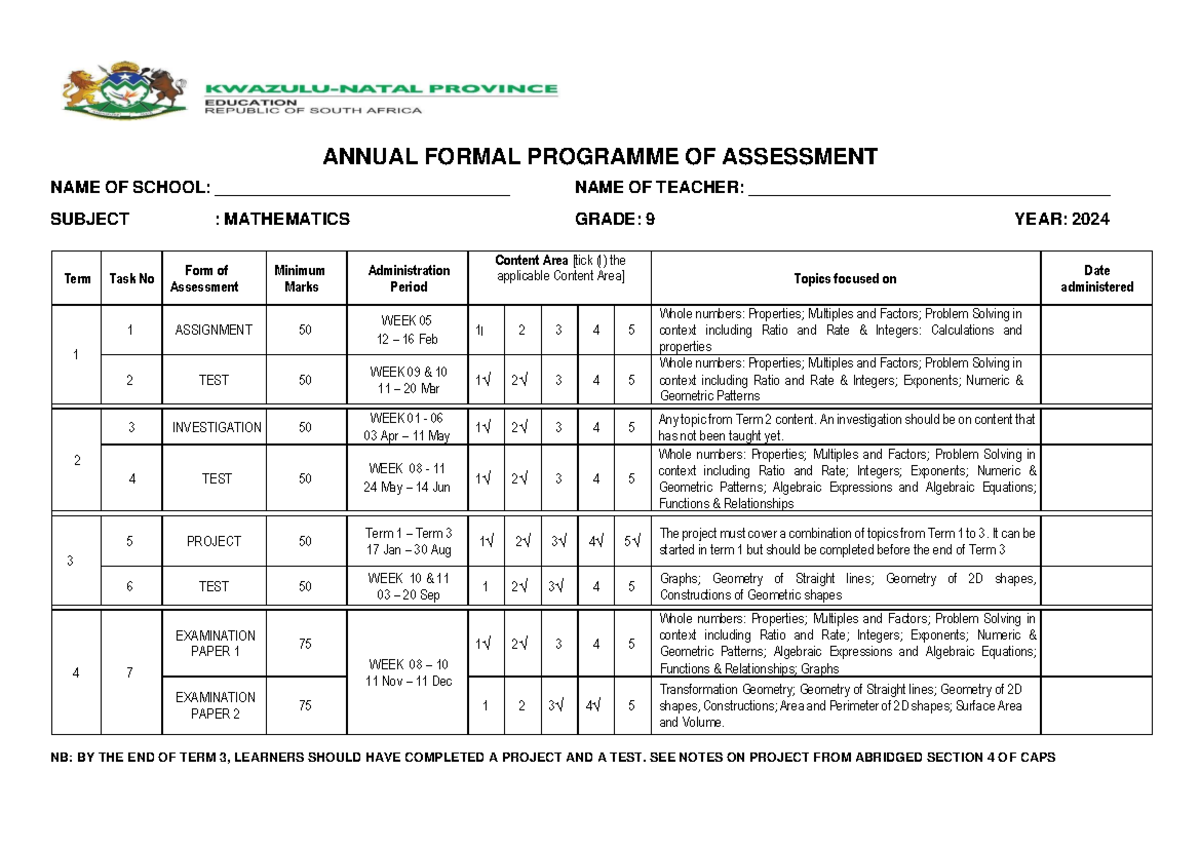 Grade 9 POA 2024 - Program of assessment - ANNUAL FORMAL PROGRAMME OF ...