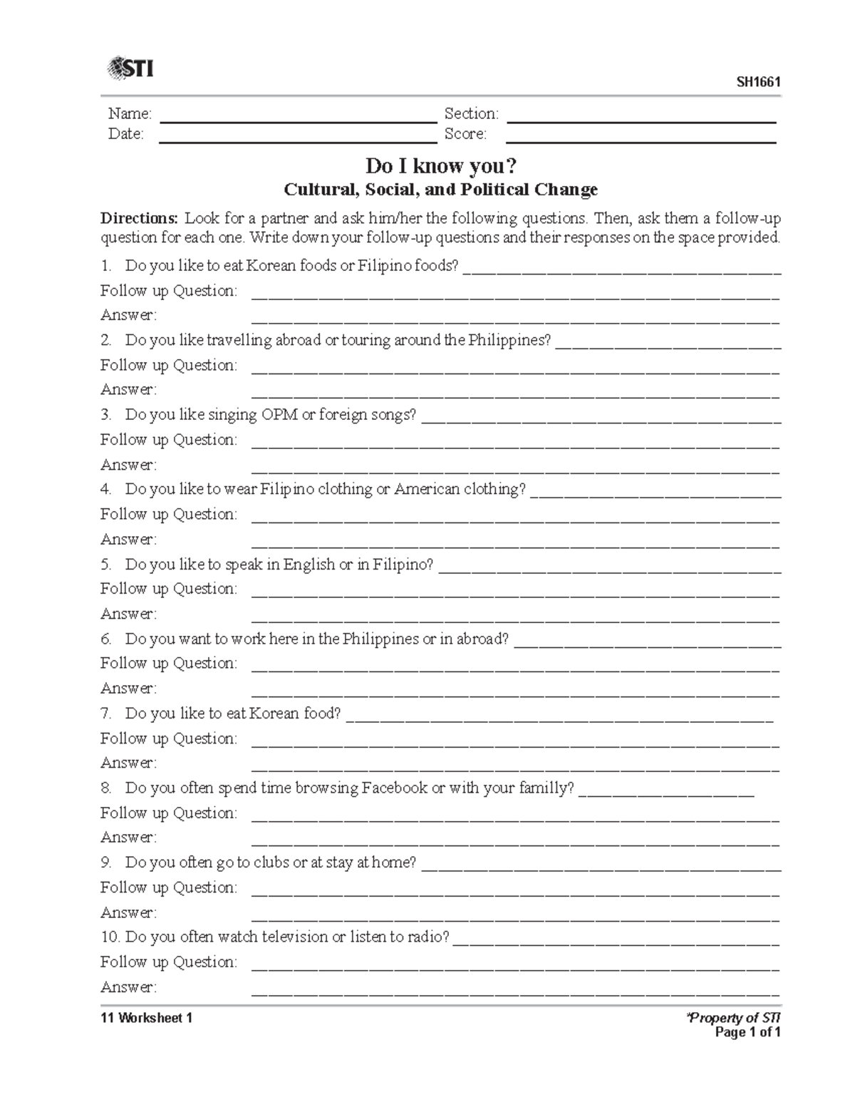 SH1661 - Understanding Culture, Society and Politics 11 Worksheet 1 ...