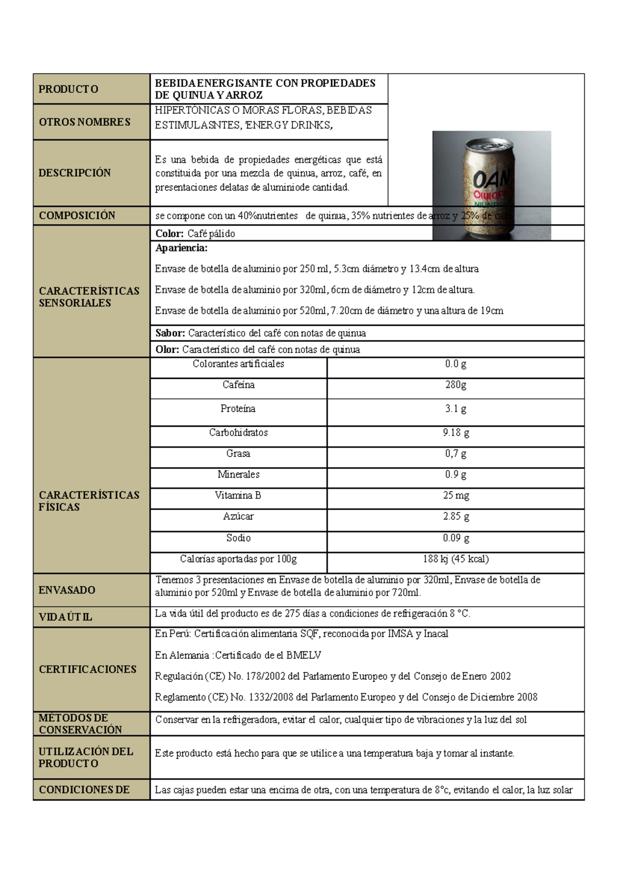 Formato Ficha Técnica - PRODUCTO BEBIDA ENERGISANTE CON PROPIEDADESDE QUINUA Y ARROZ OTROS ...