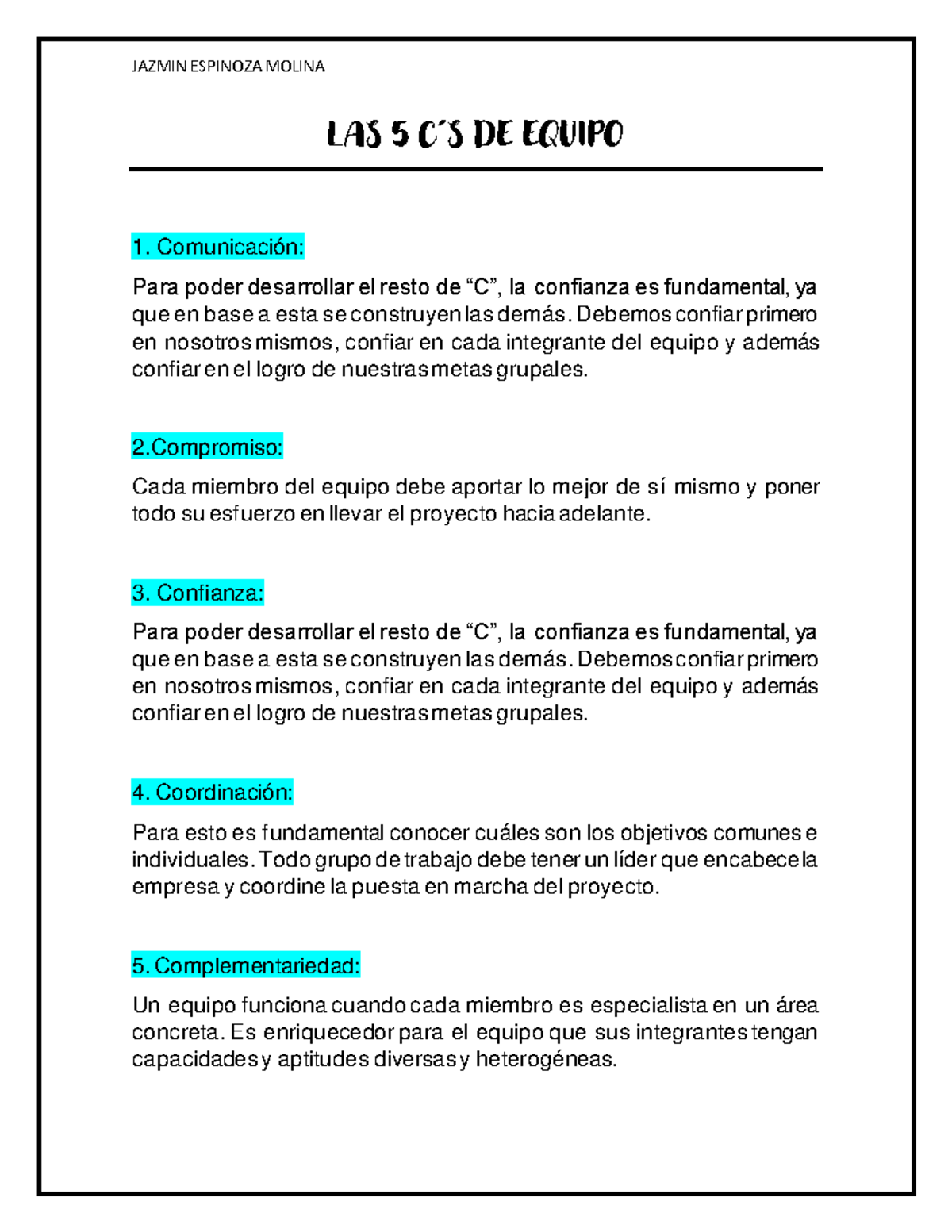 LAS 5 C´S DE Equipo - JAZMIN ESPINOZA MOLINA LAS 5 C ́S DE EQUIPO ...