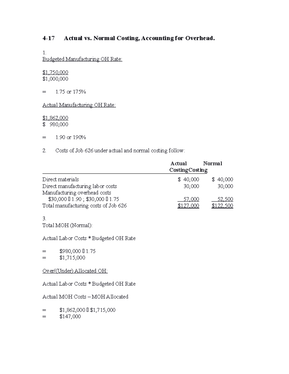 Chapter 4 Problems - 4-17 Actual vs. Normal Costing, Accounting for ...