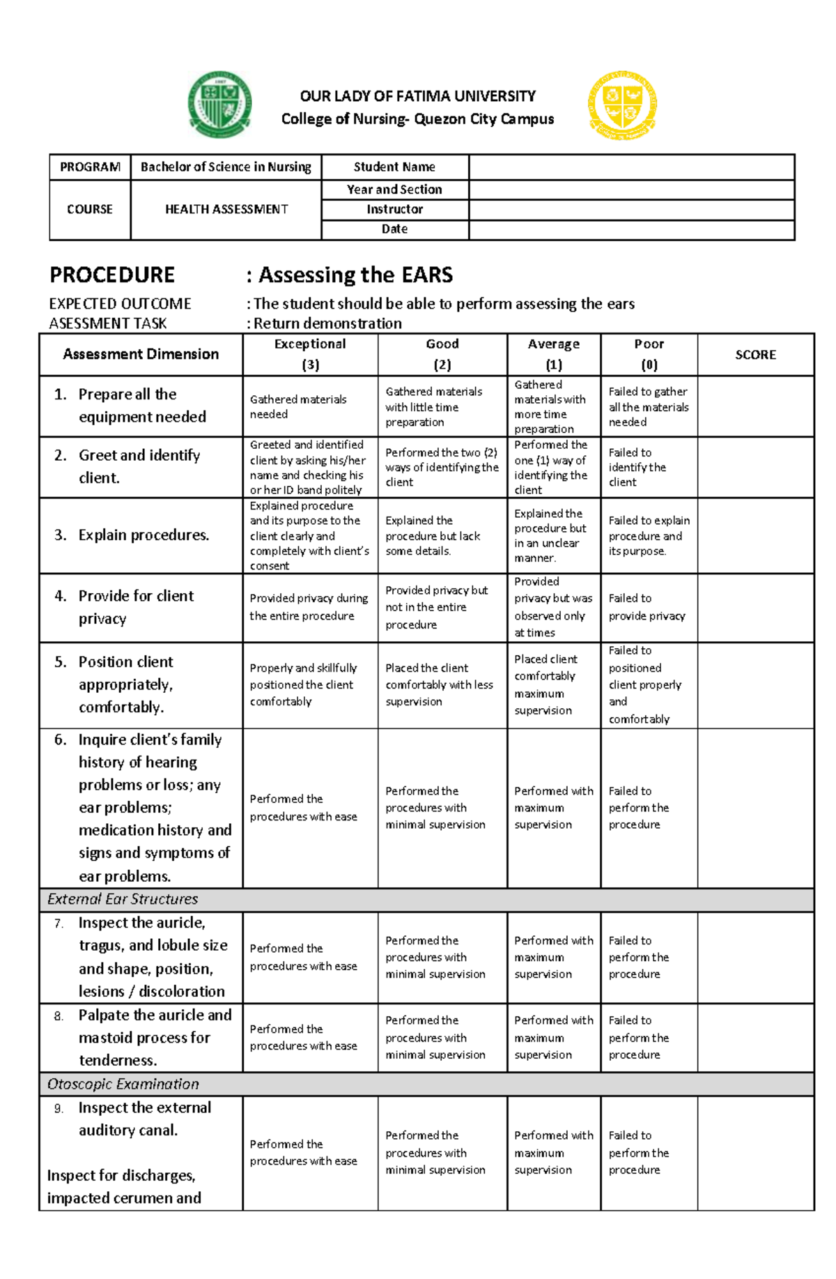 QC Rubric Assessment of Ears - OUR LADY OF FATIMA UNIVERSITY College of ...
