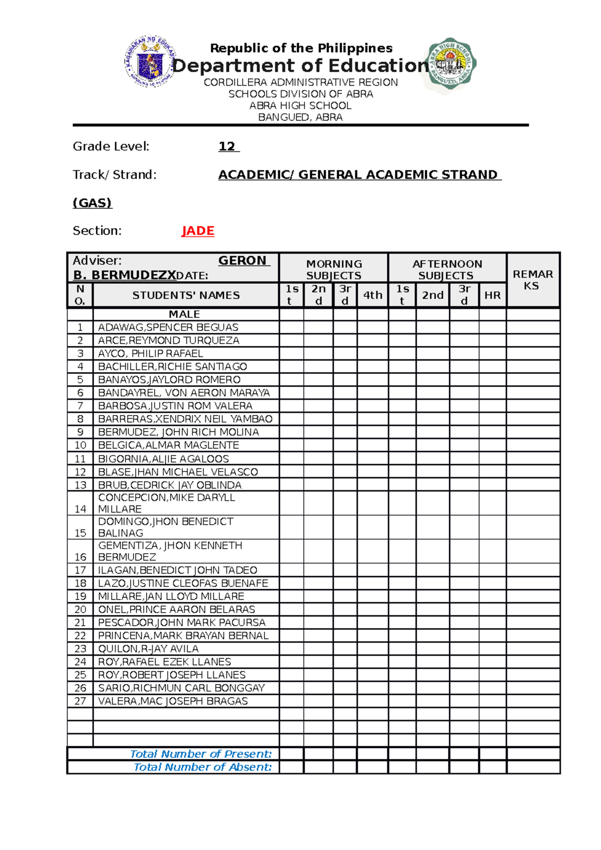 Attendance 2023 - template - Republic of the Philippines Department of ...