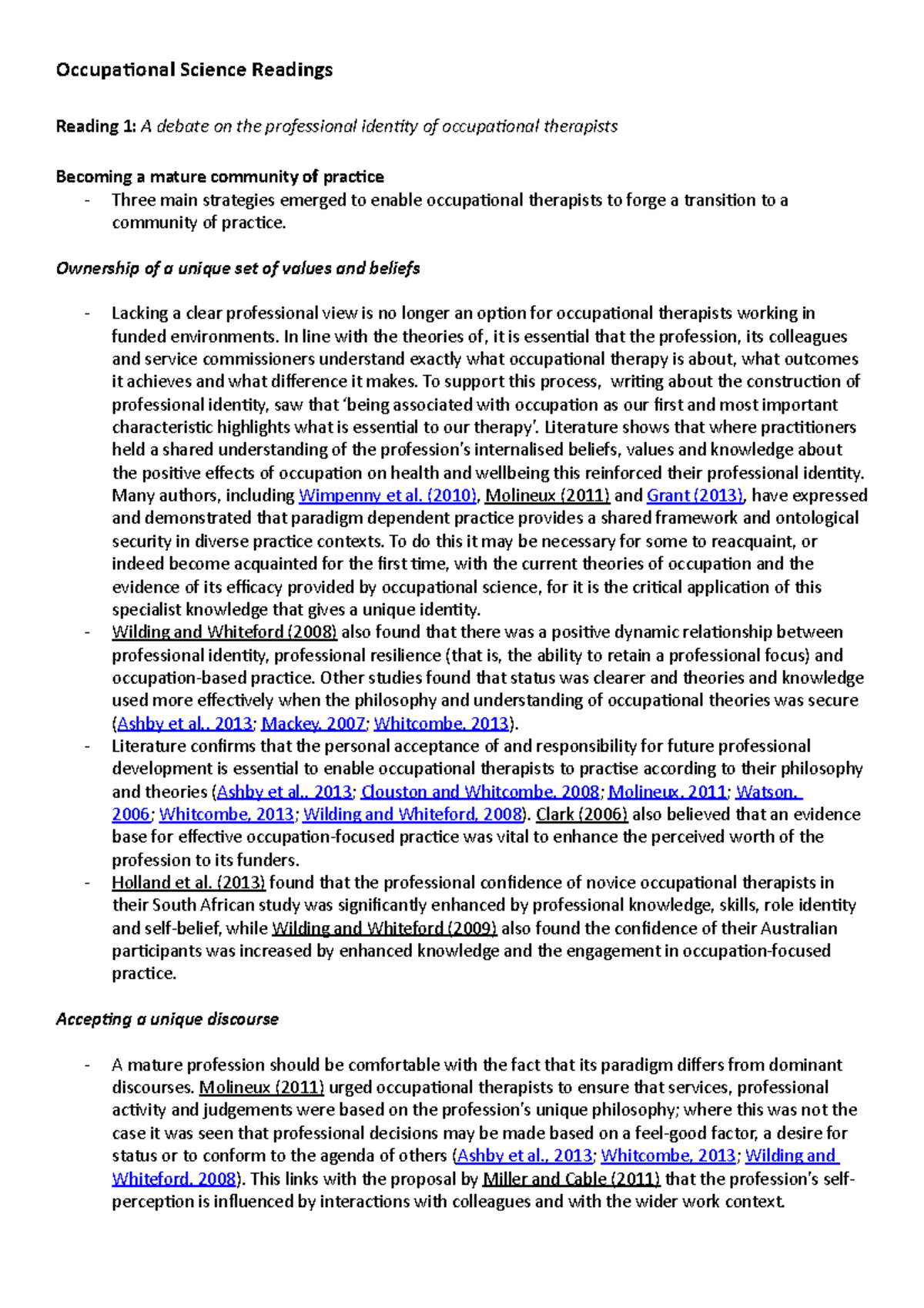 Occupational Science Readings - Occupational Science Readings Reading 1 ...