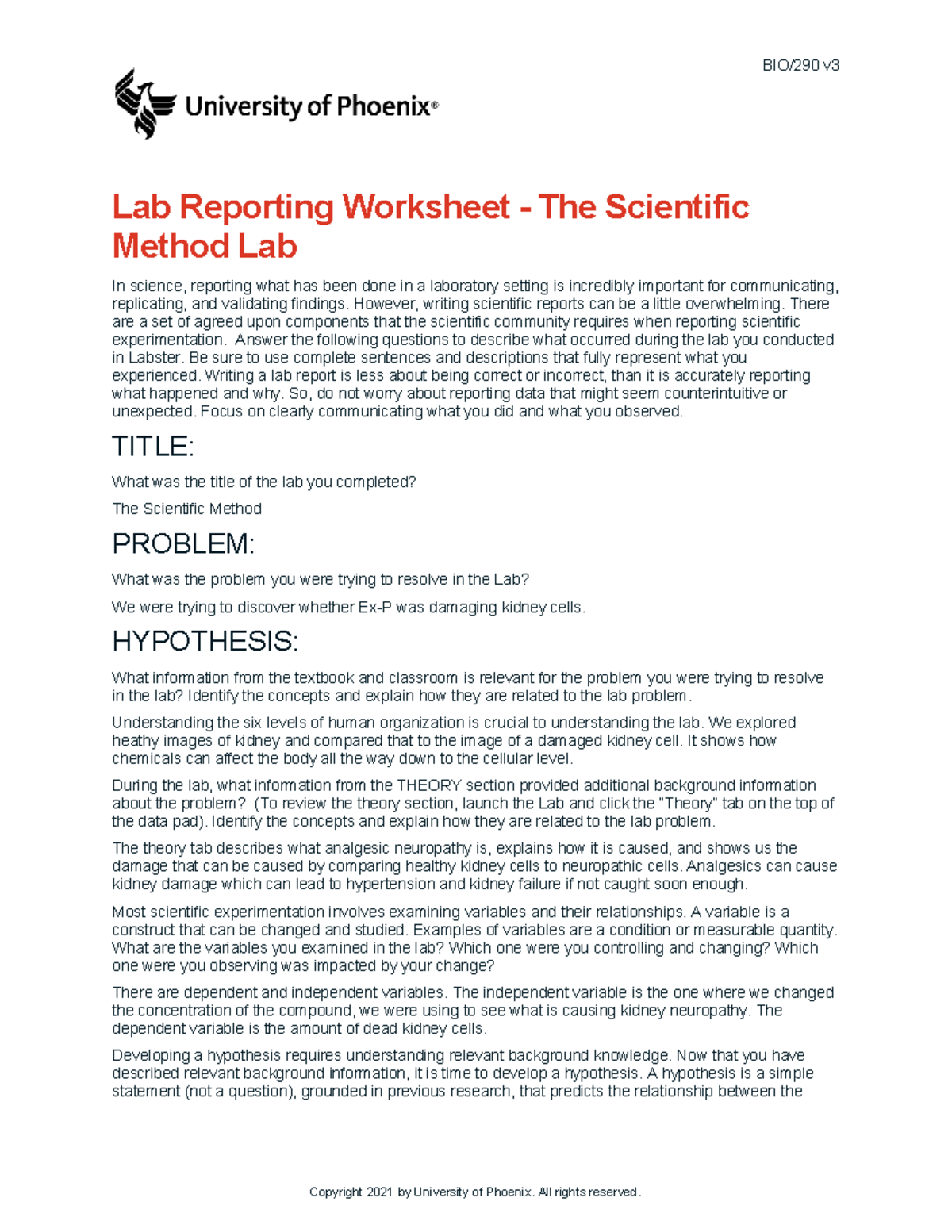 Bio290 v3 wk1 the scientific method lab - BIO/290 v Lab Reporting ...
