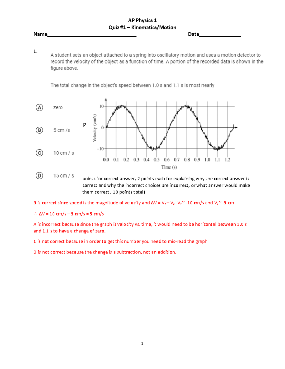 Kinematics quiz 3 - Quiz #1 – Kinematics/Motion Name ...