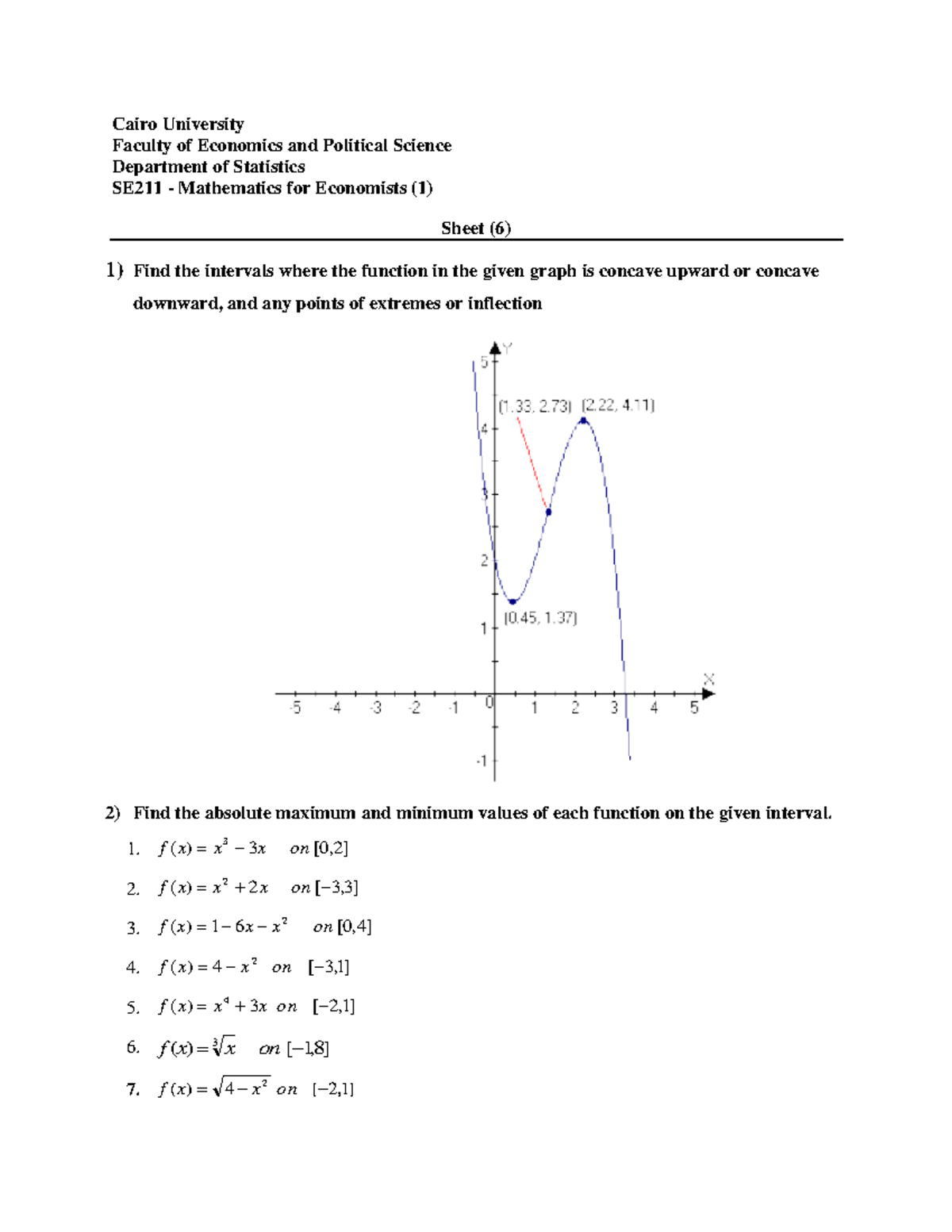 6 Extremes And Concavity Sheet Cairo University Faculty Of Economics And Political Science