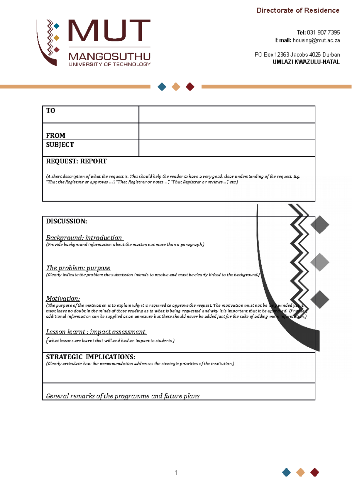 Residence Report Template - TO FROM SUBJECT REQUEST: REPORT (A short ...