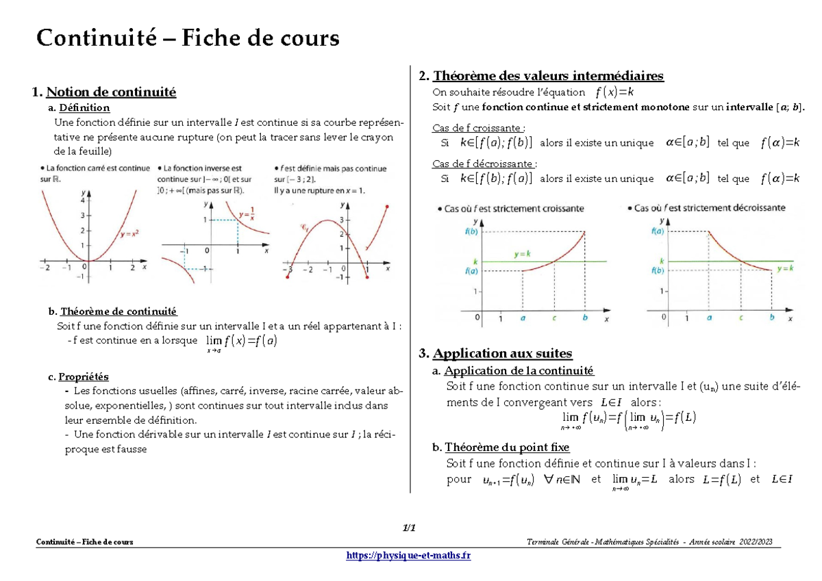 Continuite fiche cours - Continuité – Fiche de cours 1. Notion de ...