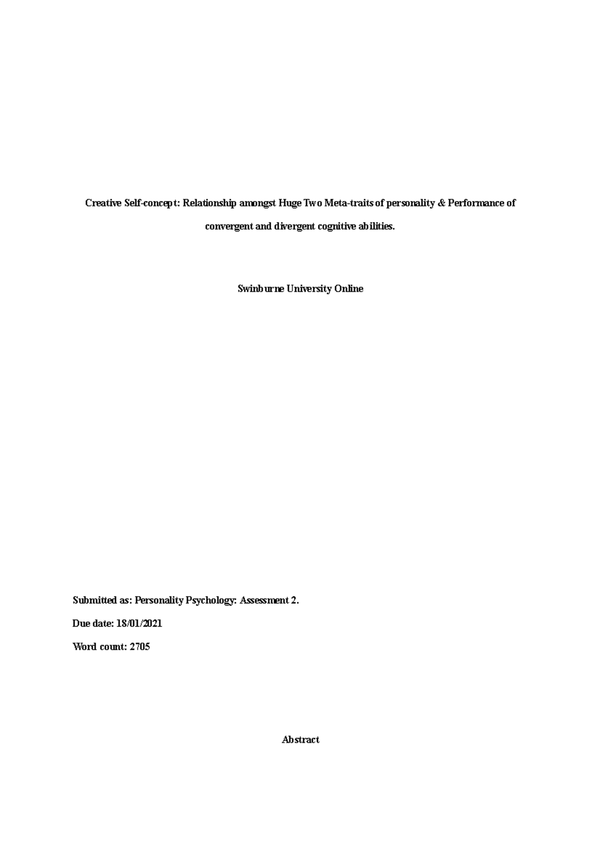 Personality assignment 2 : Creative Self-concept: Relationship amongst ...