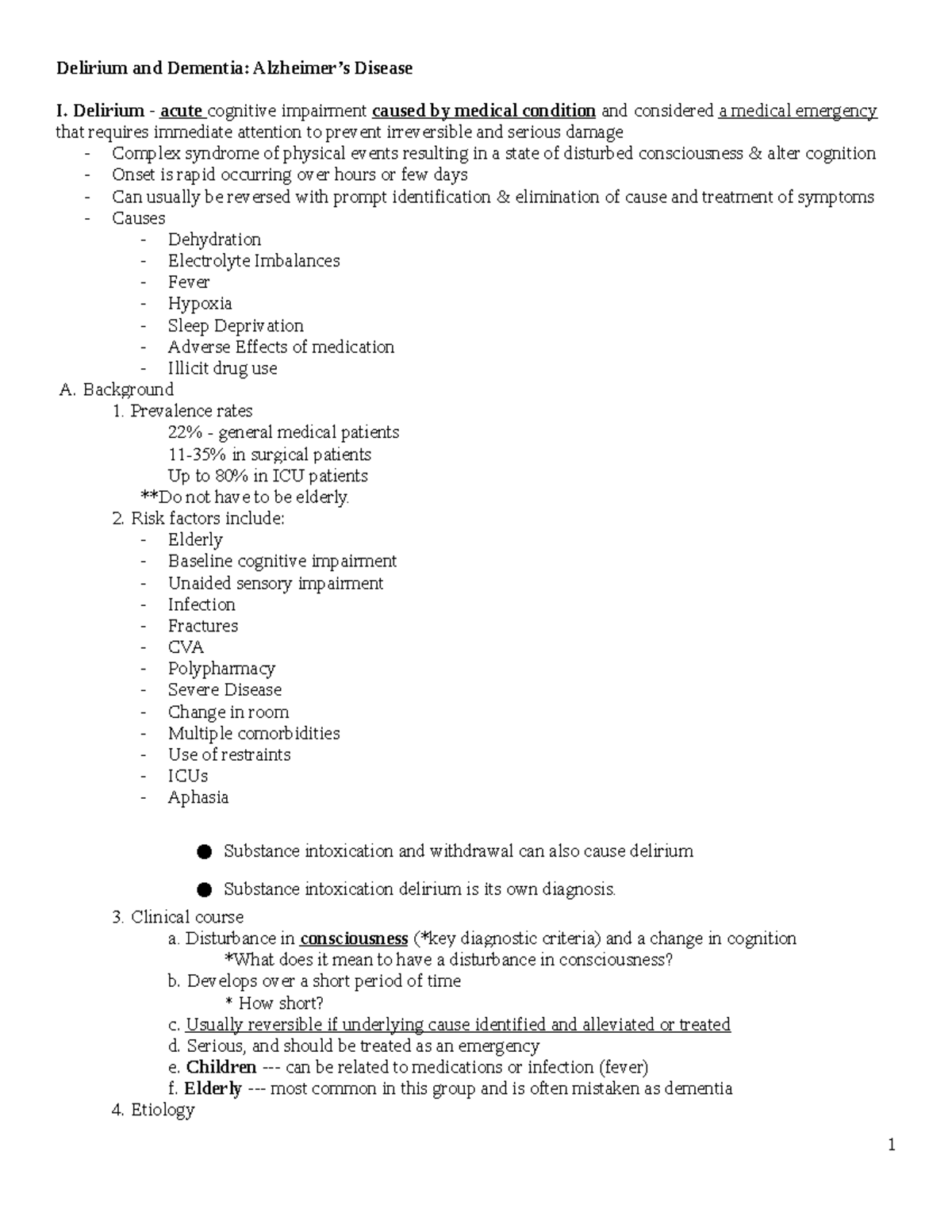 Cognition Outline - Notes - Delirium and Dementia: Alzheimer’s Disease ...