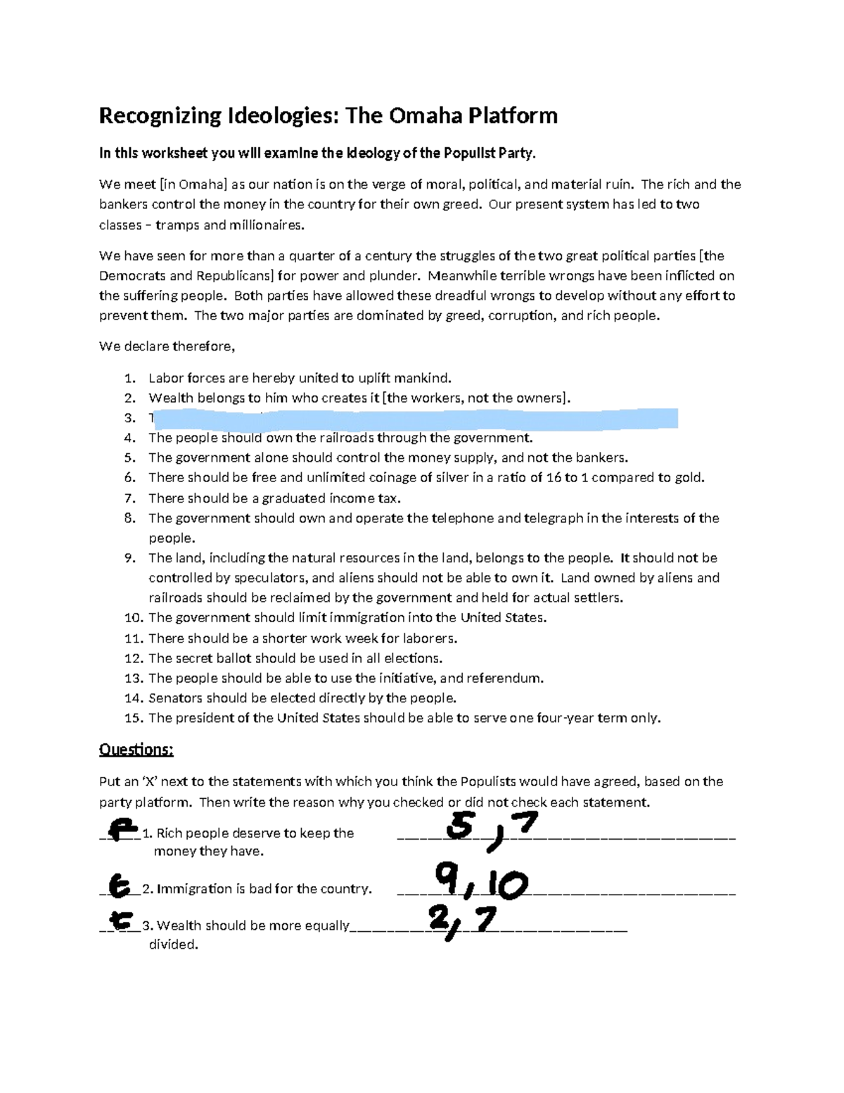 Populist Party Platform Activity - Recognizing Ideologies: The Omaha ...