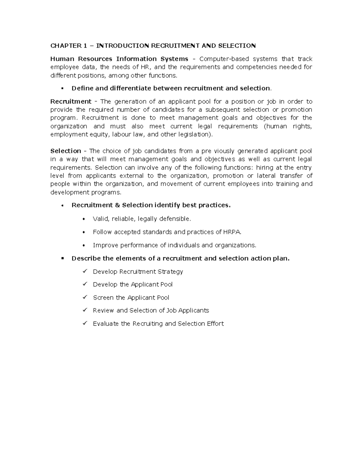 1 - Summary Recruitment and selection in Canada - CHAPTER 1 ...