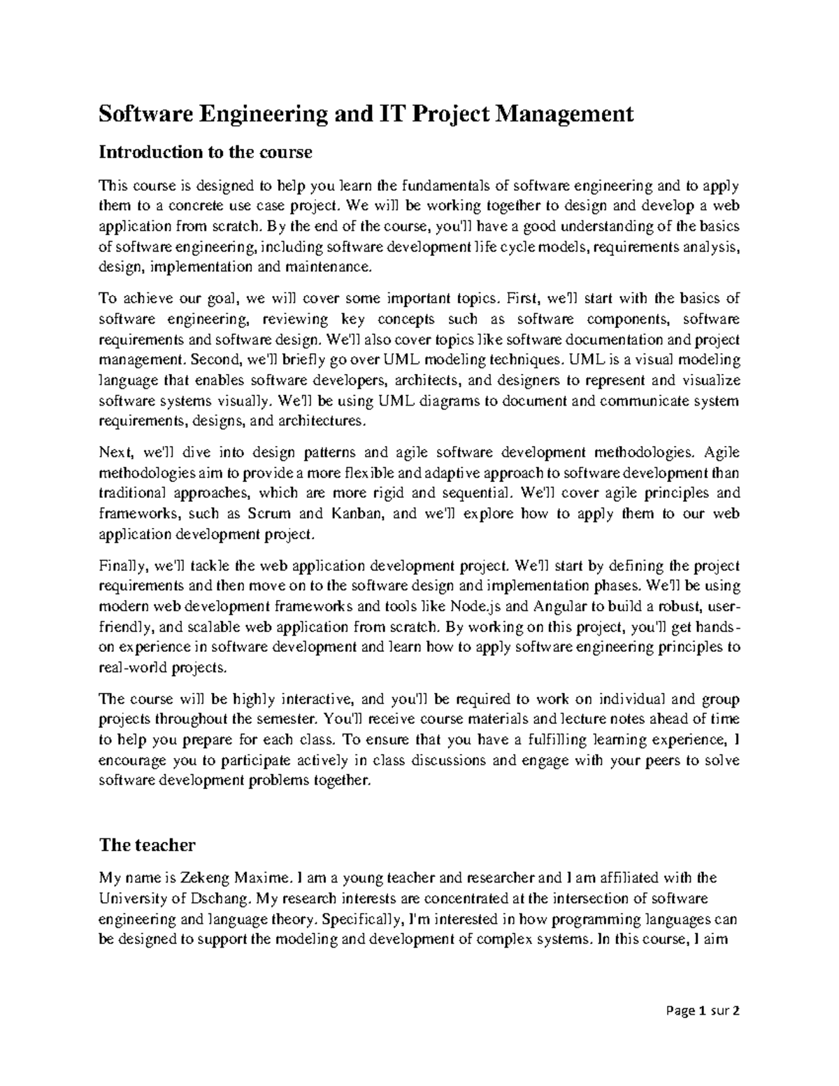 Software Engineering and IT Project Management - Course-Outline - Page 1 sur 2 Software ...