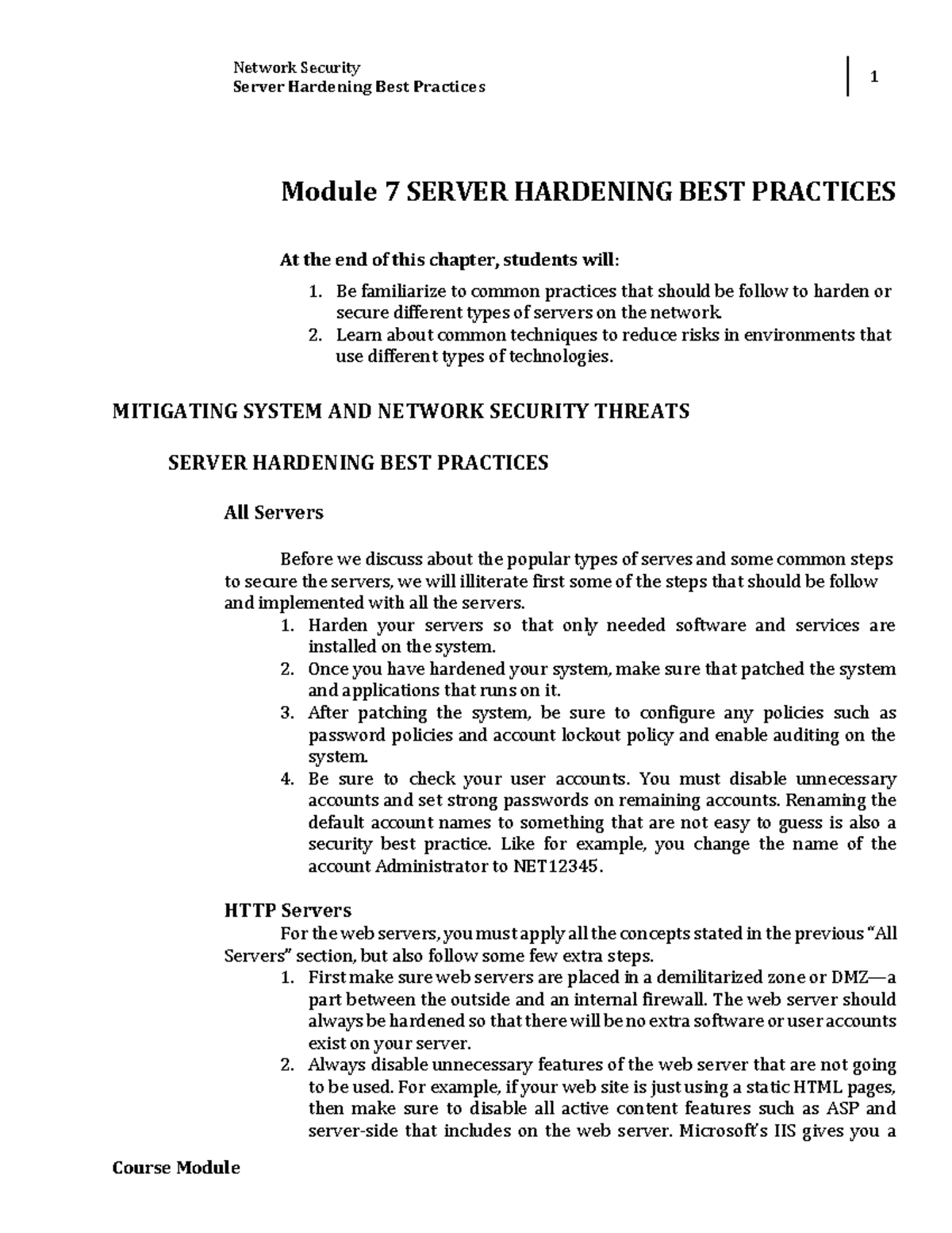 W5-8- Module 007 Server Hardening Best Practices - Network Security Server Hardening Best ...