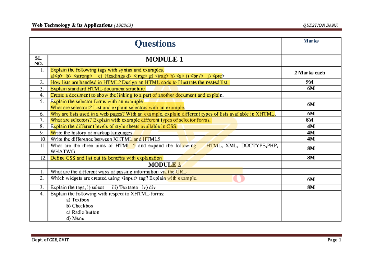 WEB QB@Az Documents - dgdgd - Questions Marks SL. NO. MODULE 1 1 Explain the following tags with ...