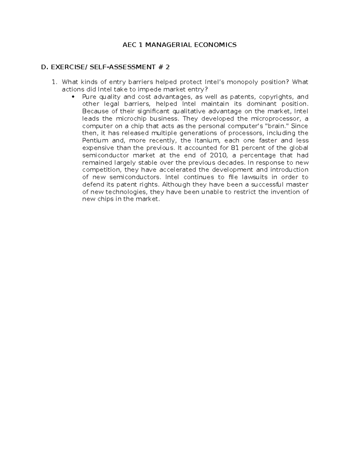 AEC SAQ #2 - Managerial Economics - AEC 1 MANAGERIAL ECONOMICS D ...