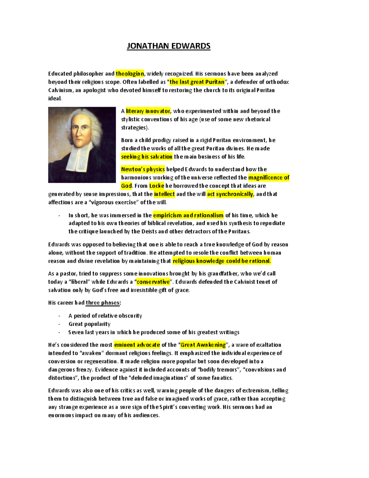 Jonathan edwards - Summary and exploratory questions related to the ...
