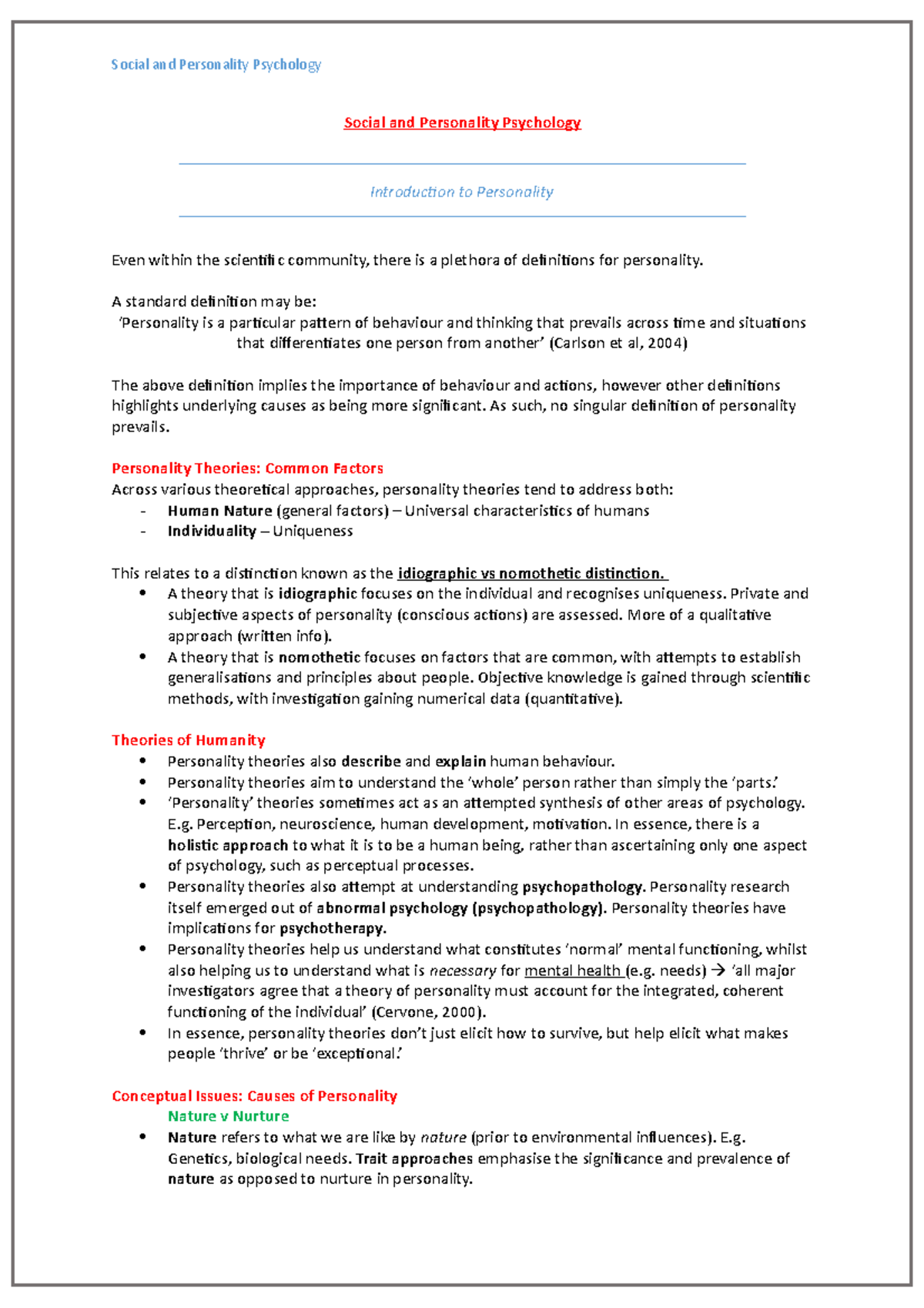 Social and Personality Psychology notes - Social and Personality ...