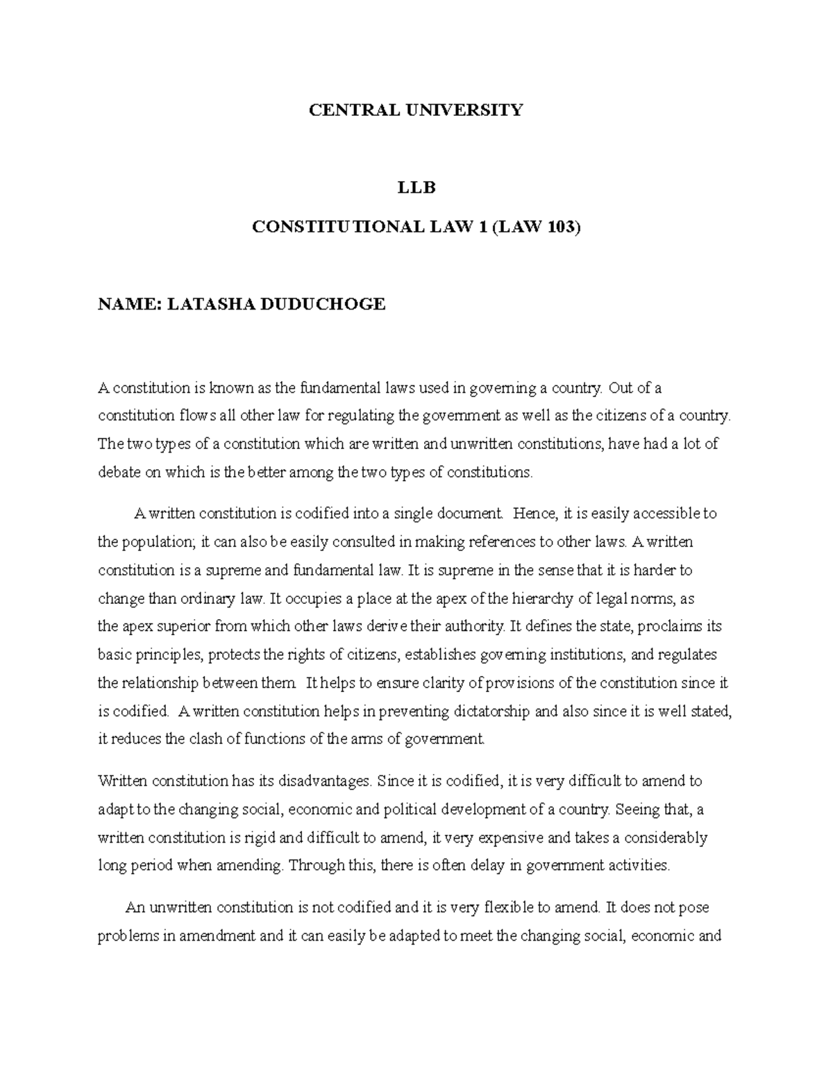 Constitutional LAW - Tutorial - CENTRAL UNIVERSITY LLB CONSTITUTIONAL LAW 1 (LAW 103) NAME ...