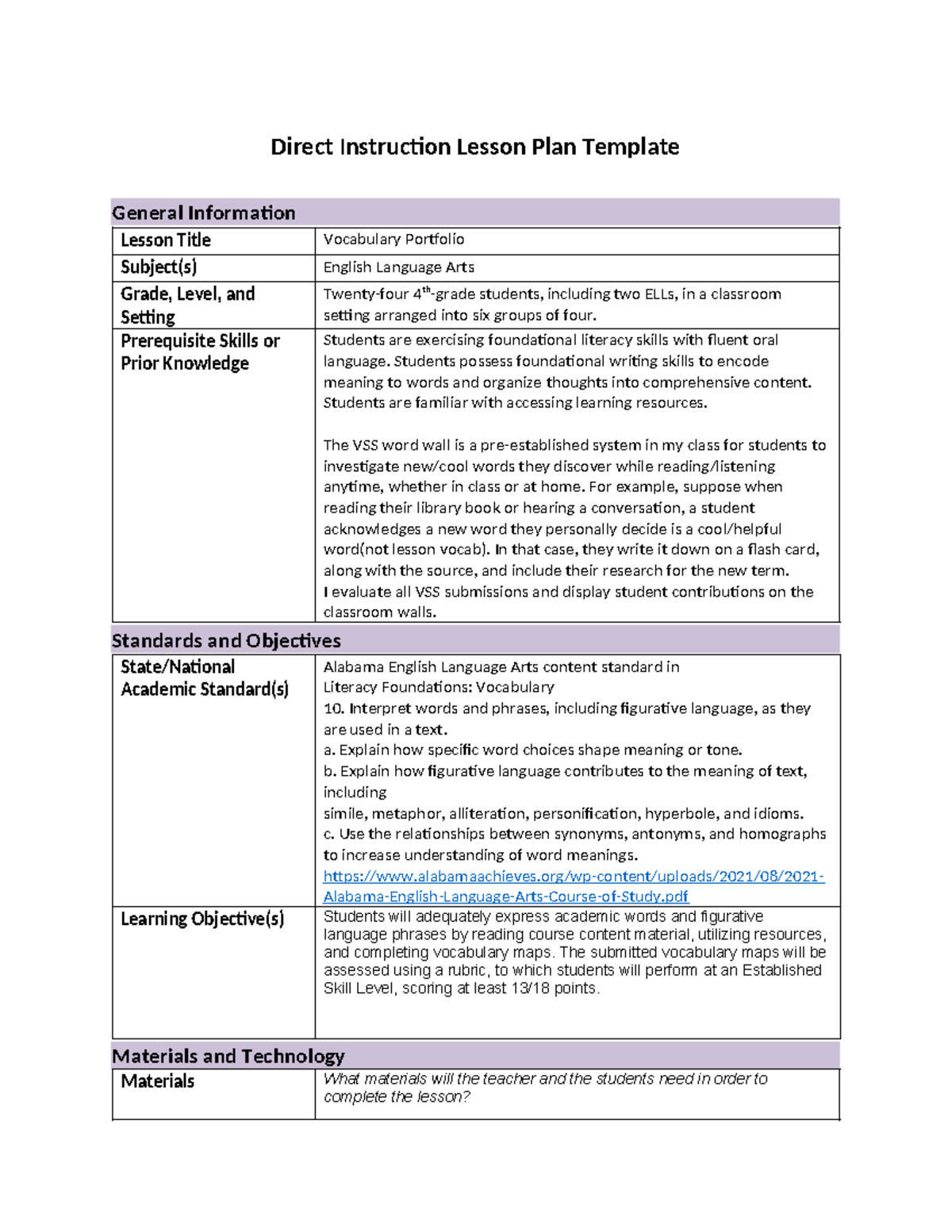 C909 LXM2 vocab lesson plan - Direct Instruction Lesson Plan Template ...