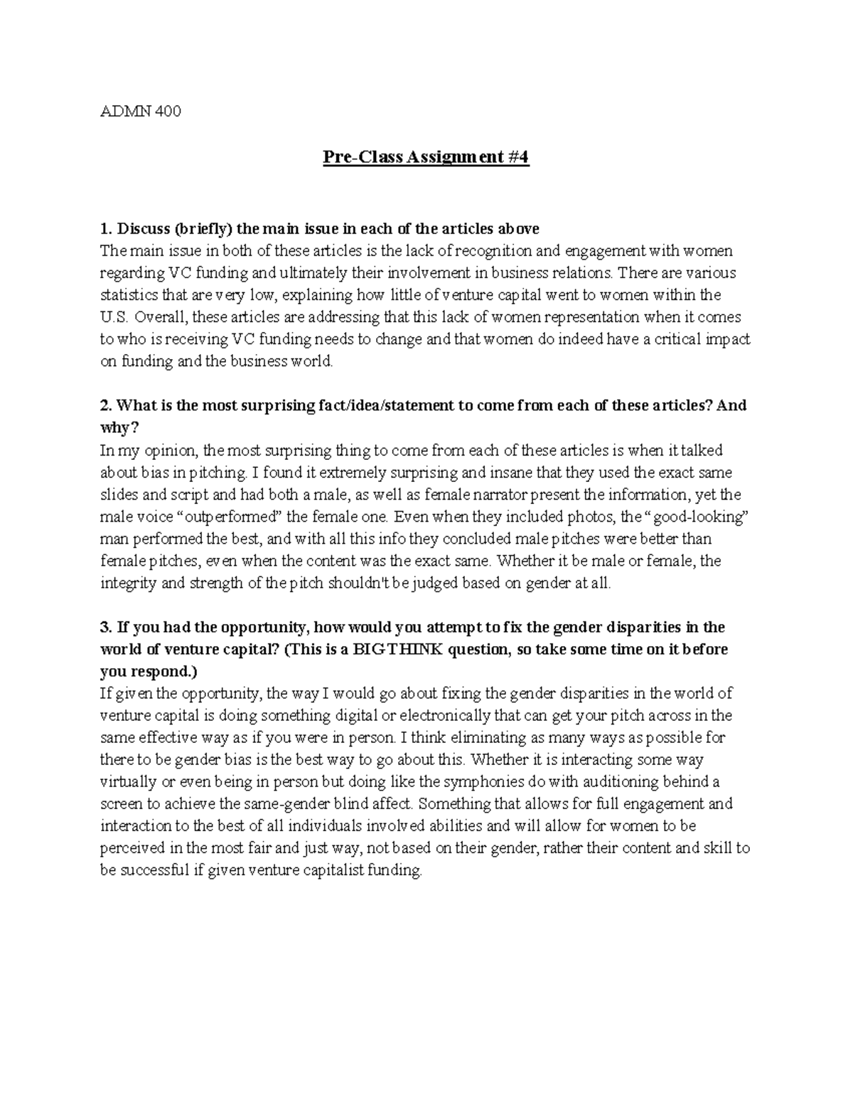 Pre-Class Assignment #4 - ADMN 400 Pre-Class Assignment Discuss (briefly) the main issue in each ...