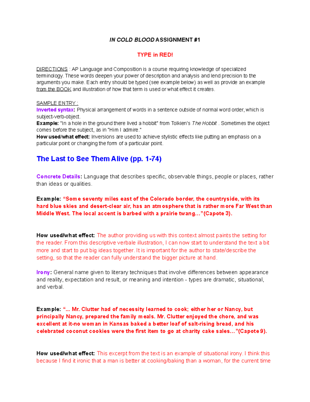 IN COLD Blood Assignment #1-1 - IN COLD BLOOD ASSIGNMENT TYPE in RED ...