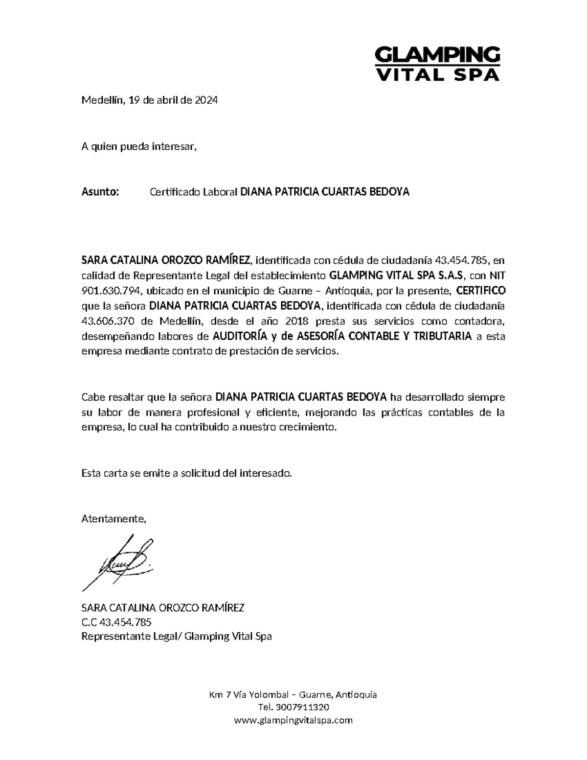 Certificado Laboral - Diana Cuartas - Medellín, 19 de abril de 2024 A ...