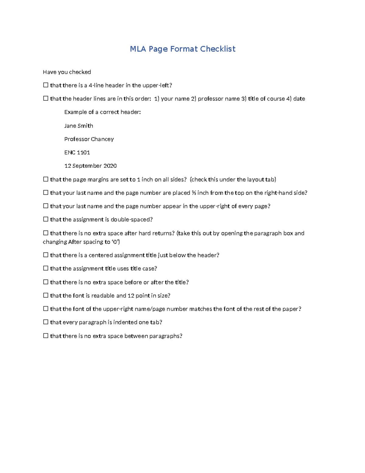 MLA Page Format Checklist - Studocu