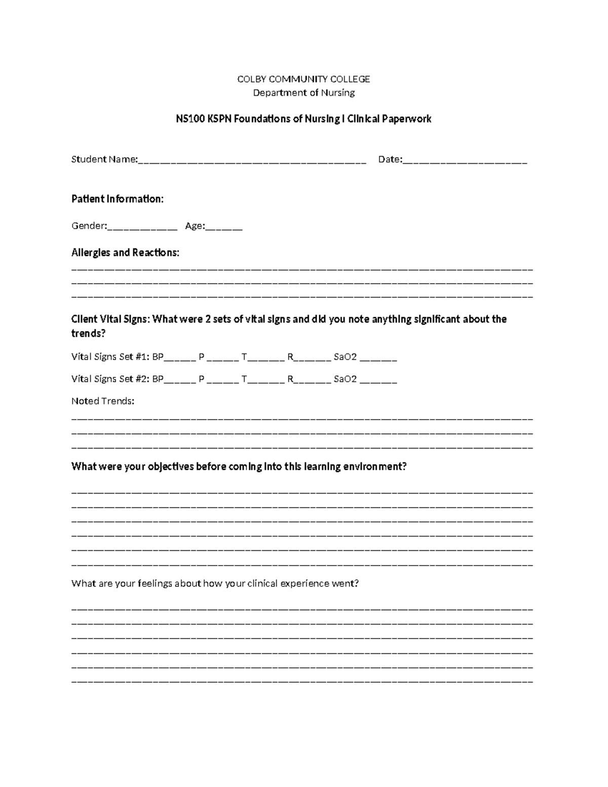 Clinical paperwork - COLBY COMMUNITY COLLEGE Department of Nursing ...