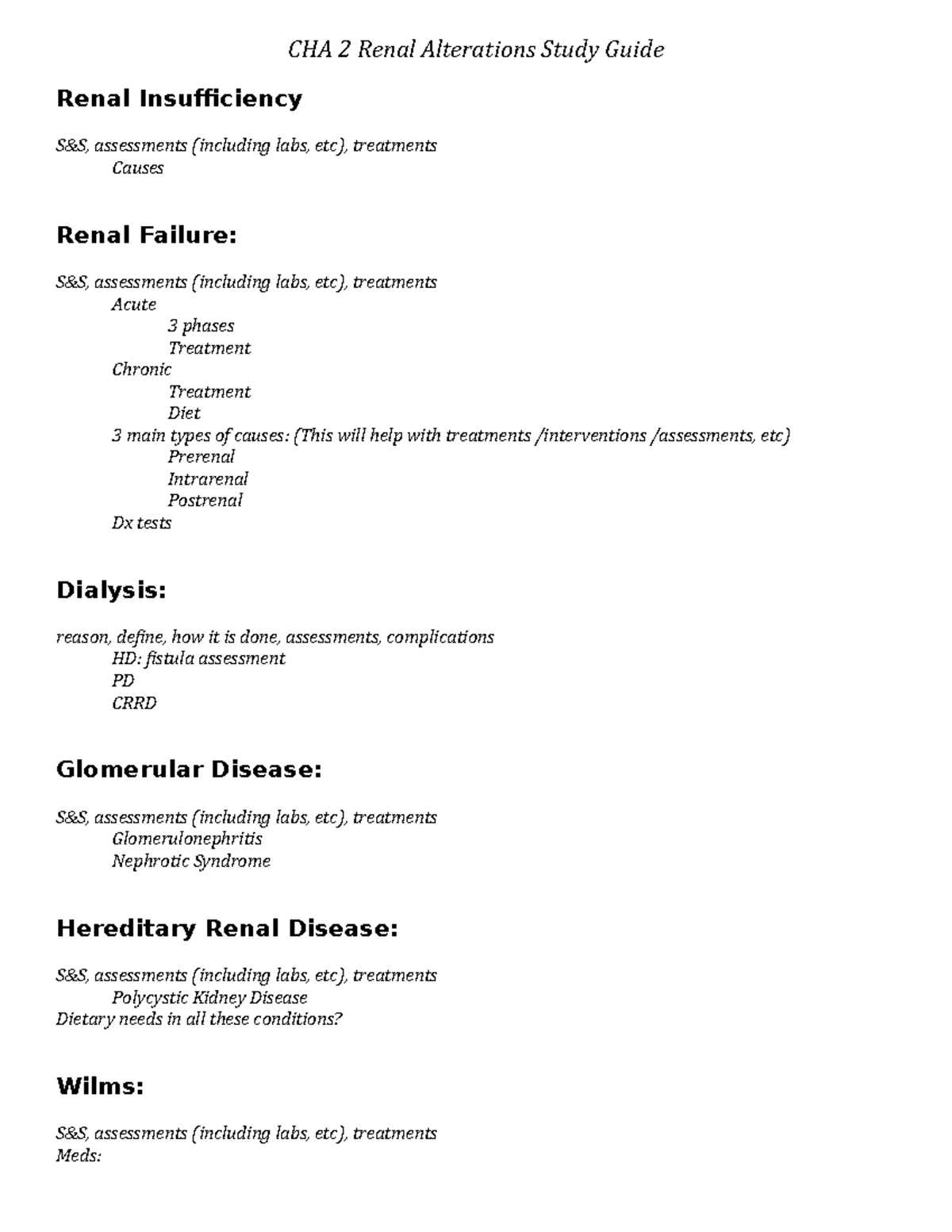 Renal study guide 2020 - CHA 2 Renal Alterations Study Guide Renal ...