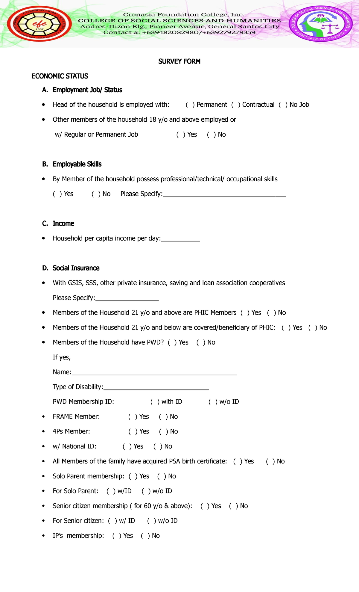 Community survey form example - SURVEY FORM ECONOMIC STATUS A ...