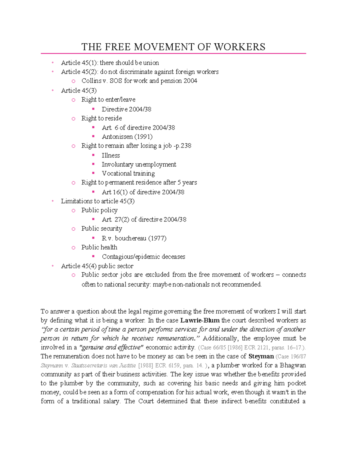Free movement of workers - THE FREE MOVEMENT OF WORKERS • Article 45(1 ...