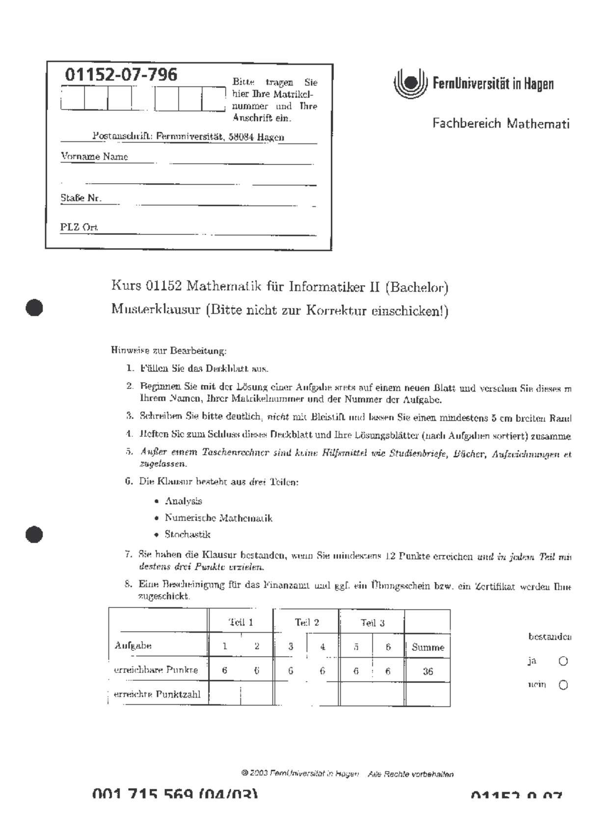 Altklausur (auch zur Übung für Numerik) - Mathematik für Informatiker ...