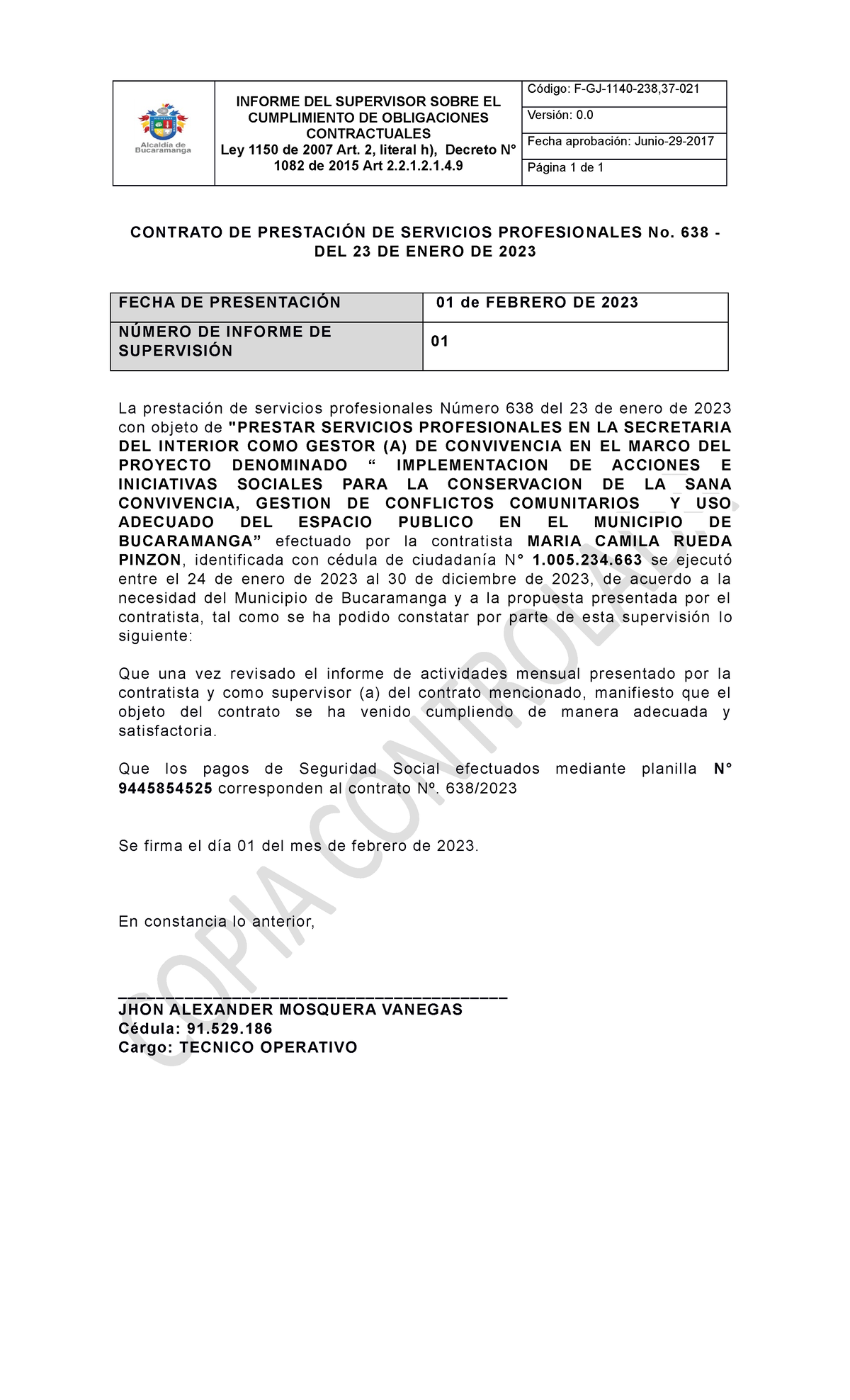 Formato Informe Supervisor - INFORME DEL SUPERVISOR SOBRE EL ...